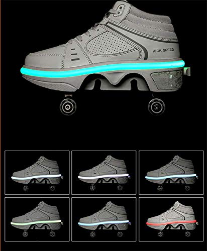 LDTXH Automatic Walking Shoes Invisible Roller Skate, 2-in-1 Parkour Shoes/Inline Roller Skating Shoes, Double-Row Quad Roller Skates Outdoor Sports Kick Rollershoes,White with Light,7.5