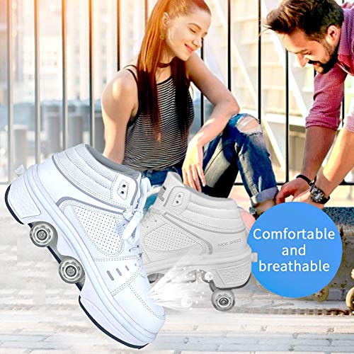 LDTXH Automatic Walking Shoes Invisible Roller Skate, 2-in-1 Parkour Shoes/Inline Roller Skating Shoes, Double-Row Quad Roller Skates Outdoor Sports Kick Rollershoes,White with Light,7.5