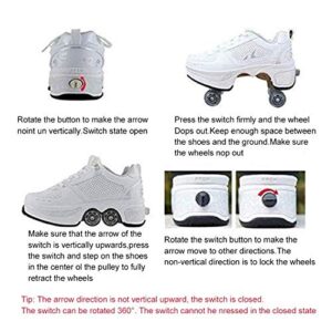 LDTXH Automatic Walking Shoes Invisible Roller Skate, 2-in-1 Parkour Shoes/Inline Roller Skating Shoes, Double-Row Quad Roller Skates Outdoor Sports Kick Rollershoes,White with Light,7.5