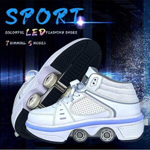 LDTXH Automatic Walking Shoes Invisible Roller Skate, 2-in-1 Parkour Shoes/Inline Roller Skating Shoes, Double-Row Quad Roller Skates Outdoor Sports Kick Rollershoes,White with Light,7.5