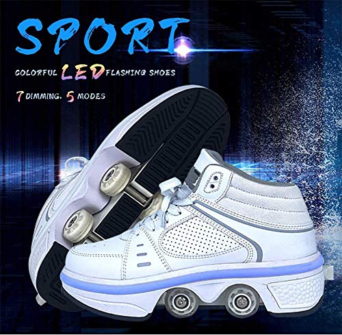 LDTXH Automatic Walking Shoes Invisible Roller Skate, 2-in-1 Parkour Shoes/Inline Roller Skating Shoes, Double-Row Quad Roller Skates Outdoor Sports Kick Rollershoes,White with Light,7.5