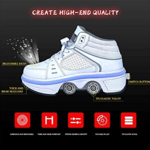 LDTXH Automatic Walking Shoes Invisible Roller Skate, 2-in-1 Parkour Shoes/Inline Roller Skating Shoes, Double-Row Quad Roller Skates Outdoor Sports Kick Rollershoes,White with Light,7.5