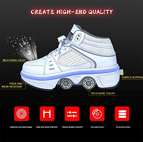 LDTXH Automatic Walking Shoes Invisible Roller Skate, 2-in-1 Parkour Shoes/Inline Roller Skating Shoes, Double-Row Quad Roller Skates Outdoor Sports Kick Rollershoes,White with Light,7.5