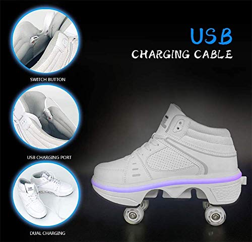 LDTXH Automatic Walking Shoes Invisible Roller Skate, 2-in-1 Parkour Shoes/Inline Roller Skating Shoes, Double-Row Quad Roller Skates Outdoor Sports Kick Rollershoes,White with Light,7.5