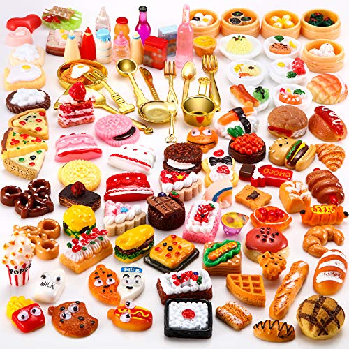 100 Pieces Miniature Food Drinks Toys Mixed Pretend Foods for Dollhouse Kitchen Play Resin Mini Food for Adults Teenagers Doll House (Hamburger, Pizza, Cake, Bread)