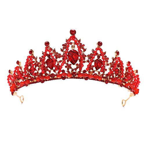 FORSEVEN Crystal Wedding Crown Rhinestone Headband Girls Princess Birthday Party Tiaras Bridal Wedding Accessories (Red)