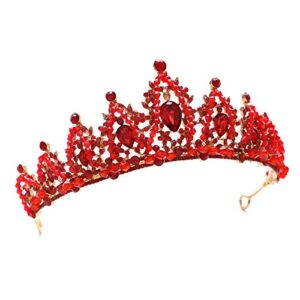 FORSEVEN Crystal Wedding Crown Rhinestone Headband Girls Princess Birthday Party Tiaras Bridal Wedding Accessories (Red)