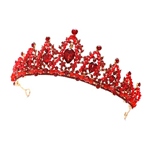 FORSEVEN Crystal Wedding Crown Rhinestone Headband Girls Princess Birthday Party Tiaras Bridal Wedding Accessories (Red)