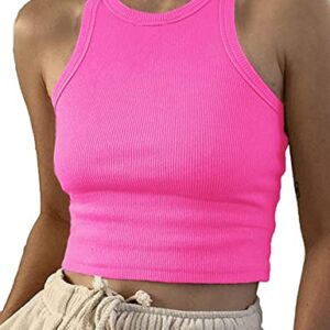 Artfish Women Casual Basic Sleeveless High Neck Ribbed Knit Racerback Crop Tank Top Cropped Neon Hot Pink S Valentines Day Going Out