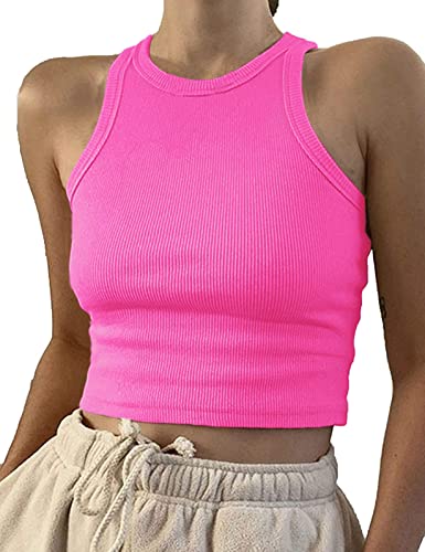 Artfish Women Casual Basic Sleeveless High Neck Ribbed Knit Racerback Crop Tank Top Cropped Neon Hot Pink S Valentines Day Going Out