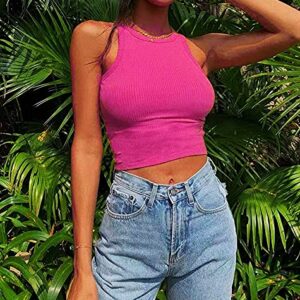 Artfish Women Casual Basic Sleeveless High Neck Ribbed Knit Racerback Crop Tank Top Cropped Neon Hot Pink S Valentines Day Going Out