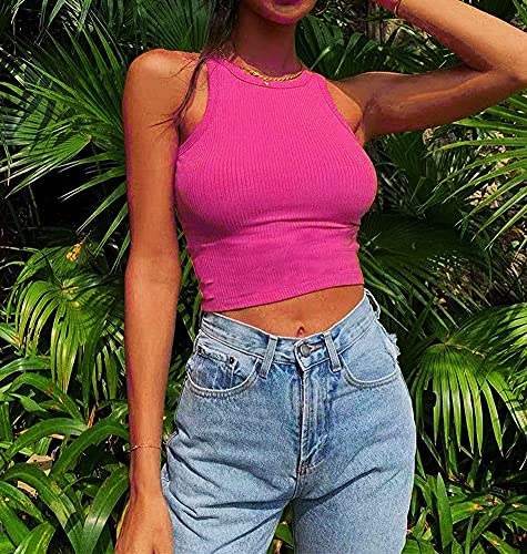 Artfish Women Casual Basic Sleeveless High Neck Ribbed Knit Racerback Crop Tank Top Cropped Neon Hot Pink S Valentines Day Going Out