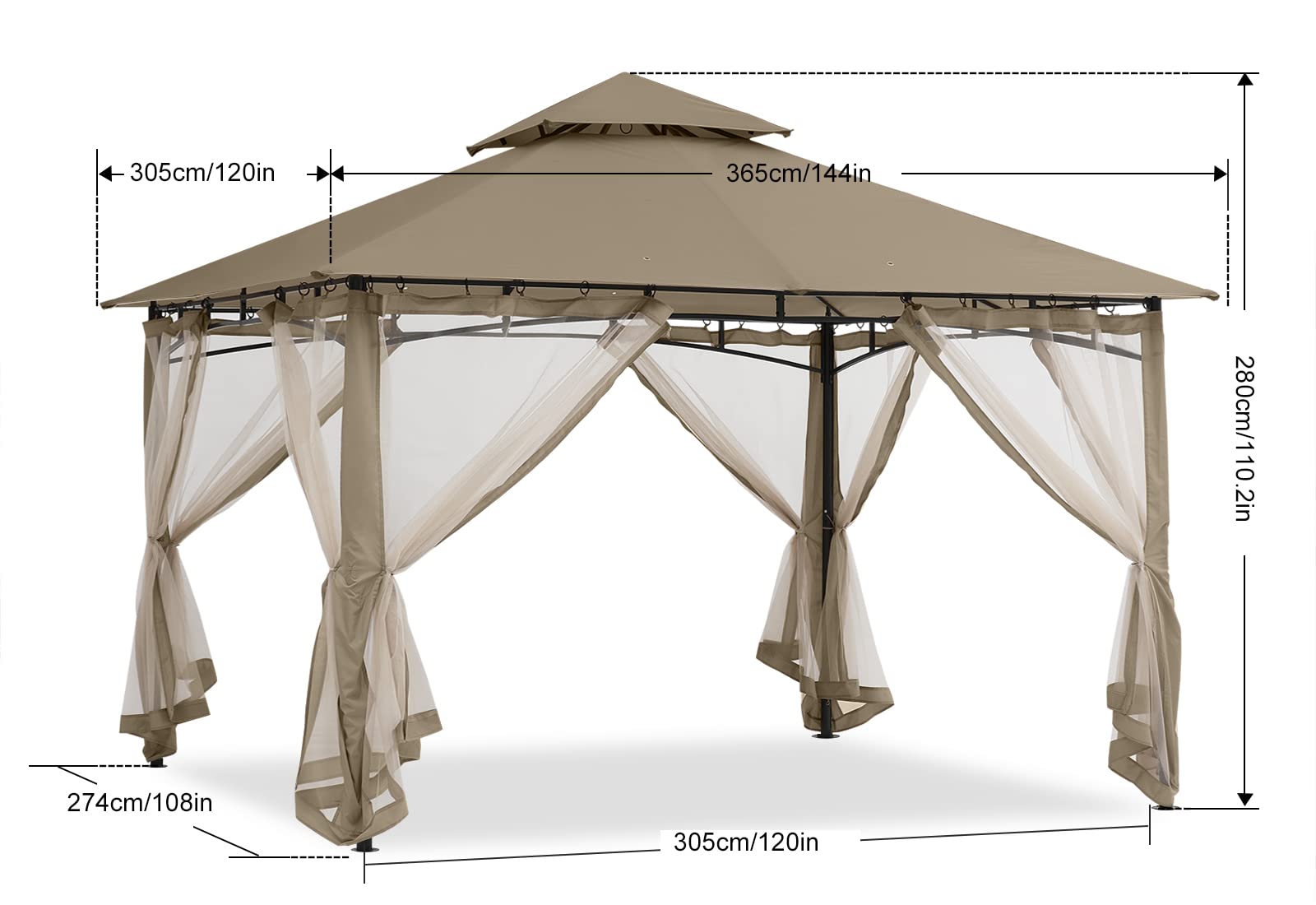 Sturdy Patio Gazebo 10 Ft x 12 Ft with Mosquito Netting by ABCCANOPY