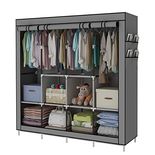 ACCSTORE Portable Wardrobe Clothing Wardrobe Shelves Clothes Storage Organiser with 4 Hanging Rail,Grey