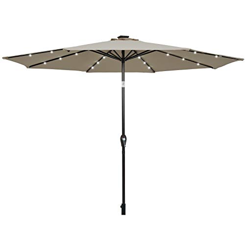 TANGKULA 10FT Solar Powered 24 LED Lighted Patio Umbrella, Table Market Umbrella with Tilt Adjustment and Crank Handle, Outdoor Umbrella with 8 Sturdy Ribs for Garden, Deck, Backyard & Pool (Brown)