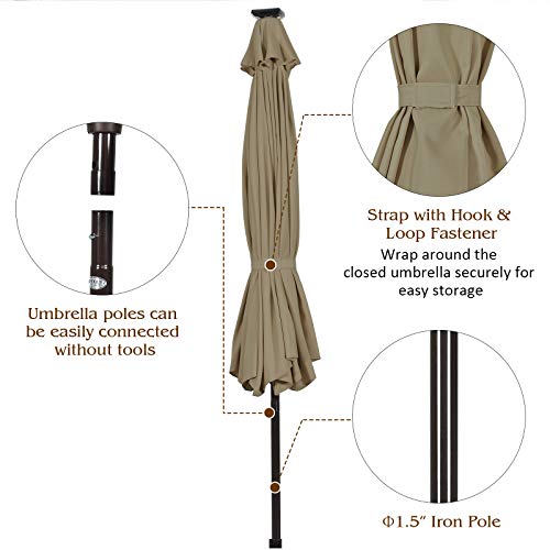 TANGKULA 10FT Solar Powered 24 LED Lighted Patio Umbrella, Table Market Umbrella with Tilt Adjustment and Crank Handle, Outdoor Umbrella with 8 Sturdy Ribs for Garden, Deck, Backyard & Pool (Brown)