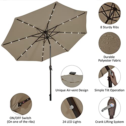 TANGKULA 10FT Solar Powered 24 LED Lighted Patio Umbrella, Table Market Umbrella with Tilt Adjustment and Crank Handle, Outdoor Umbrella with 8 Sturdy Ribs for Garden, Deck, Backyard & Pool (Brown)