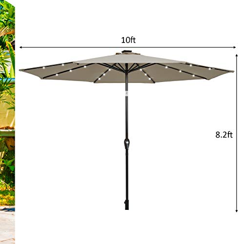 TANGKULA 10FT Solar Powered 24 LED Lighted Patio Umbrella, Table Market Umbrella with Tilt Adjustment and Crank Handle, Outdoor Umbrella with 8 Sturdy Ribs for Garden, Deck, Backyard & Pool (Brown)