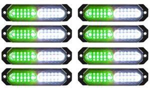 aspl 8pcs sync feature ultra slim 12-led surface mount flashing strobe lights for truck car vehicle led mini grille light head emergency beacon hazard warning lights (green/white)