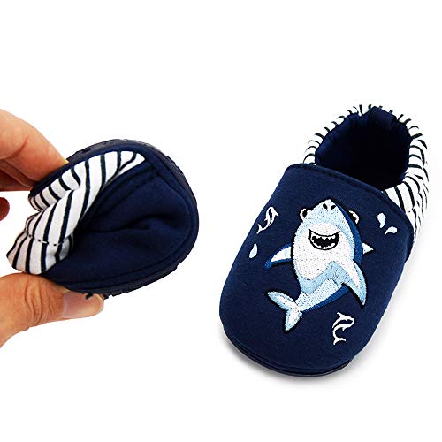 Timatego Toddler Baby Boys Girls Shoes Non Skid Slipper Sneaker Moccasins Infant First Walker House Walking Crib Shoes(6-24 Months) 01 Navy Shark, 12-18 Months Toddler