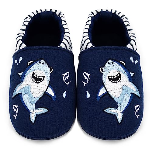 Timatego Toddler Baby Boys Girls Shoes Non Skid Slipper Sneaker Moccasins Infant First Walker House Walking Crib Shoes(6-24 Months) 01 Navy Shark, 12-18 Months Toddler