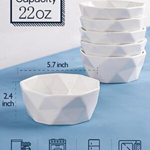 DELLING 22 Oz Geometric Cereal Bowls, White Soup Bowls Dessert/Snack Bowls Set for Rice Pasta Salad Oatmeal, Microwave/Dishwasher/Oven Safe Set of 6