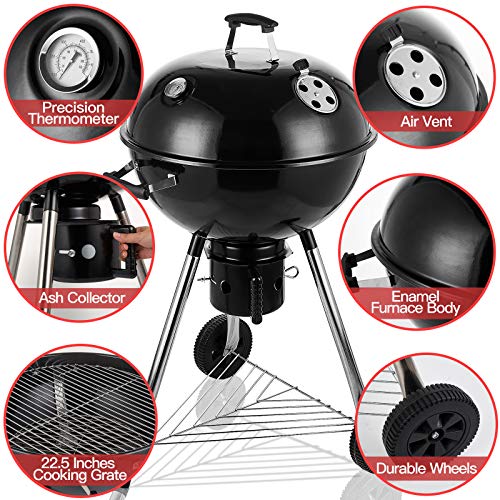 CUSIMAX Charcoal Grill Portable BBQ Grill Kettle 22.5 inch, Outdoor Grills & Smokers for Patio Backyard Barbecue Camping, Black