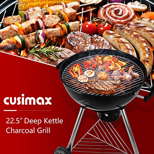 CUSIMAX Charcoal Grill Portable BBQ Grill Kettle 22.5 inch, Outdoor Grills & Smokers for Patio Backyard Barbecue Camping, Black