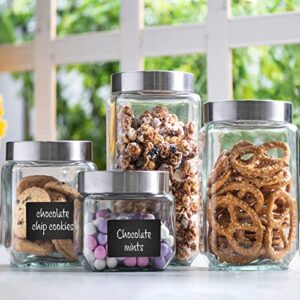 4pc square glass cookie jars with airtight lids + marker & labels, canister sets for kitchen counter or bathroom - food storage containers with lids for pantry - flour, sugar, coffee, cookies, etc.