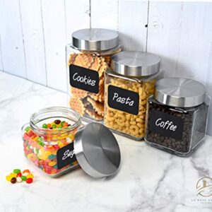 4pc Square Glass Cookie Jars with Airtight Lids + Marker & Labels, Canister Sets for Kitchen Counter or Bathroom - Food Storage Containers with Lids for Pantry - Flour, Sugar, Coffee, Cookies, etc.