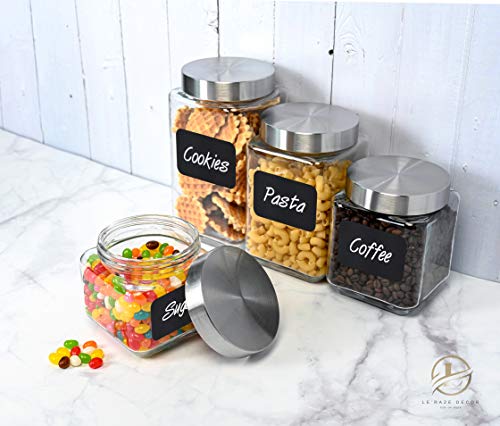 4pc Square Glass Cookie Jars with Airtight Lids + Marker & Labels, Canister Sets for Kitchen Counter or Bathroom - Food Storage Containers with Lids for Pantry - Flour, Sugar, Coffee, Cookies, etc.