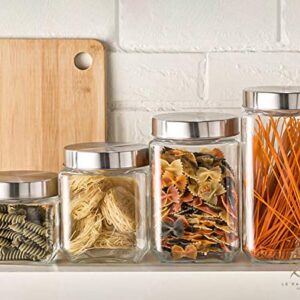 4pc Square Glass Cookie Jars with Airtight Lids + Marker & Labels, Canister Sets for Kitchen Counter or Bathroom - Food Storage Containers with Lids for Pantry - Flour, Sugar, Coffee, Cookies, etc.