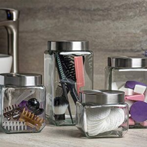 4pc Square Glass Cookie Jars with Airtight Lids + Marker & Labels, Canister Sets for Kitchen Counter or Bathroom - Food Storage Containers with Lids for Pantry - Flour, Sugar, Coffee, Cookies, etc.