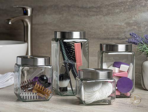 4pc Square Glass Cookie Jars with Airtight Lids + Marker & Labels, Canister Sets for Kitchen Counter or Bathroom - Food Storage Containers with Lids for Pantry - Flour, Sugar, Coffee, Cookies, etc.