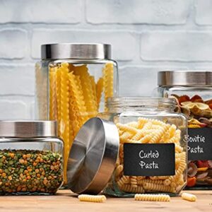 4pc Square Glass Cookie Jars with Airtight Lids + Marker & Labels, Canister Sets for Kitchen Counter or Bathroom - Food Storage Containers with Lids for Pantry - Flour, Sugar, Coffee, Cookies, etc.