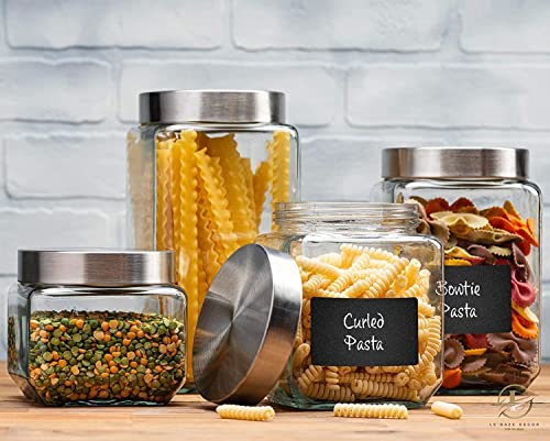 4pc Square Glass Cookie Jars with Airtight Lids + Marker & Labels, Canister Sets for Kitchen Counter or Bathroom - Food Storage Containers with Lids for Pantry - Flour, Sugar, Coffee, Cookies, etc.