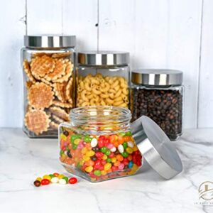 4pc Square Glass Cookie Jars with Airtight Lids + Marker & Labels, Canister Sets for Kitchen Counter or Bathroom - Food Storage Containers with Lids for Pantry - Flour, Sugar, Coffee, Cookies, etc.