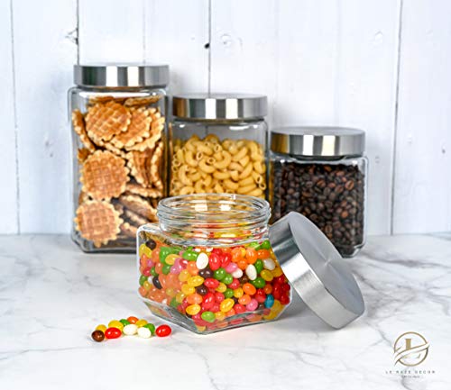 4pc Square Glass Cookie Jars with Airtight Lids + Marker & Labels, Canister Sets for Kitchen Counter or Bathroom - Food Storage Containers with Lids for Pantry - Flour, Sugar, Coffee, Cookies, etc.