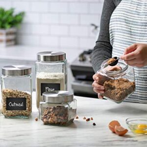 4pc Square Glass Cookie Jars with Airtight Lids + Marker & Labels, Canister Sets for Kitchen Counter or Bathroom - Food Storage Containers with Lids for Pantry - Flour, Sugar, Coffee, Cookies, etc.