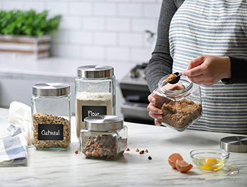 4pc Square Glass Cookie Jars with Airtight Lids + Marker & Labels, Canister Sets for Kitchen Counter or Bathroom - Food Storage Containers with Lids for Pantry - Flour, Sugar, Coffee, Cookies, etc.