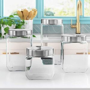 4pc Square Glass Cookie Jars with Airtight Lids + Marker & Labels, Canister Sets for Kitchen Counter or Bathroom - Food Storage Containers with Lids for Pantry - Flour, Sugar, Coffee, Cookies, etc.