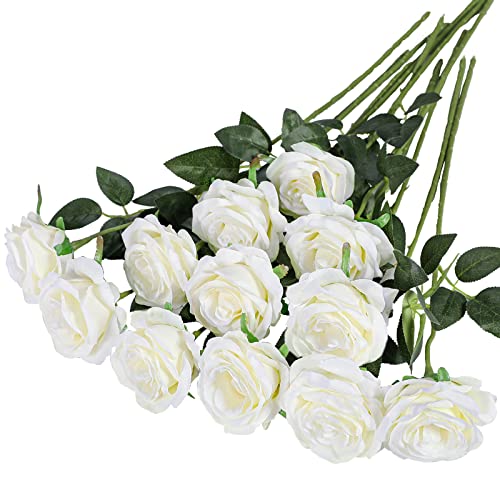 Hawesome 12PCS Artificial Silk Flowers Realistic Roses Bouquet Long Stem for Home Wedding Decoration Party (12PCS-White)