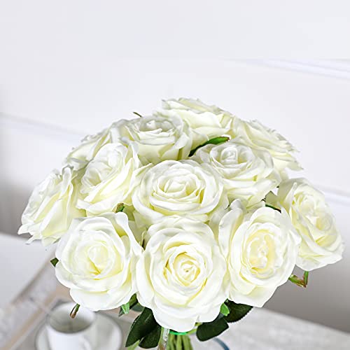 Hawesome 12PCS Artificial Silk Flowers Realistic Roses Bouquet Long Stem for Home Wedding Decoration Party (12PCS-White)