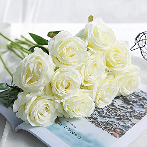 Hawesome 12PCS Artificial Silk Flowers Realistic Roses Bouquet Long Stem for Home Wedding Decoration Party (12PCS-White)