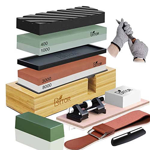 BRITOR Sharpening Stone Kit Whetstone knife sharpener 4 Side Grit 400/1000 3000/8000 Includes Non-Slip Rubber Holder Angle Guide Leather Strop and Gloves