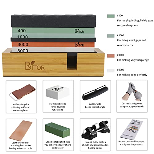 BRITOR Sharpening Stone Kit Whetstone knife sharpener 4 Side Grit 400/1000 3000/8000 Includes Non-Slip Rubber Holder Angle Guide Leather Strop and Gloves