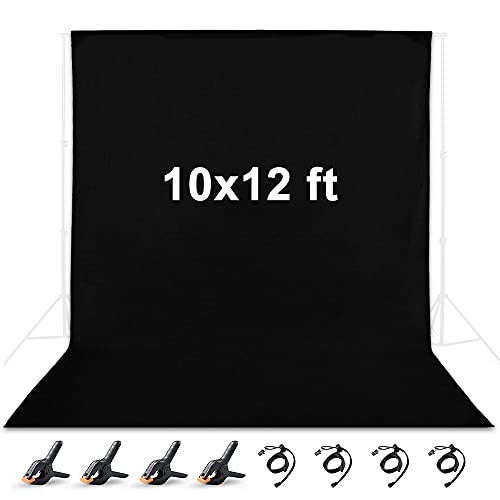 10 x 12 ft Black Backdrop, Polyester Fabric Chromakey Black Backdrop Background for Photography, Video, Studio and Television with 4 Backdrop Clips and 4 Spring Clamps