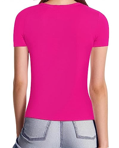 MANGOPOP Womens Short Sleeve Long Sleeve Square Neck T Shirts Tops Tees (Short Sleeve Rose Pink, Medium)