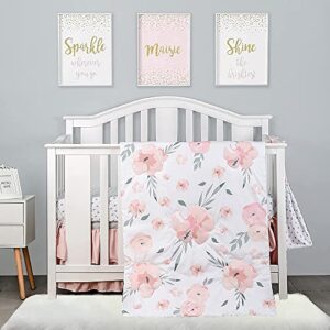 pinnkku 4-piece crib bedding set for girls, baby girl bedding crib set, cunas para bebes, white, blush pink flower crib skirt, blanket, crib sheet and diaper stacker, crib bedding sets for girls