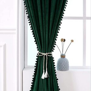 SNITIE Emerald Green 84in Long Pom Pom Velvet Curtains with Rod Pocket Thermal Insulated Soft Privacy Light Filtering Velvet Drapes for Bedroom Living Room, 2 Panels (Emerald Green, 42 x 84In Long)